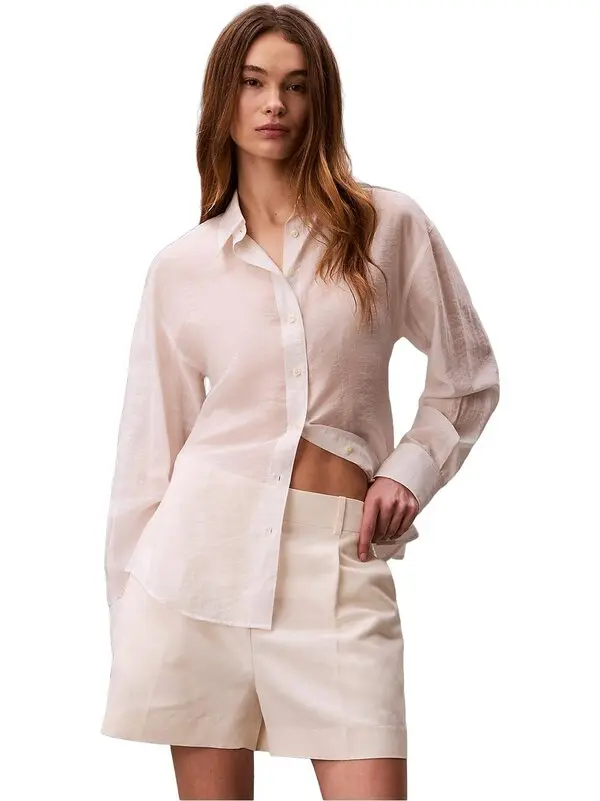 Calvin Klein Sheer Voile Classic Button-down Shirt With Twist Back Detail - White Sand