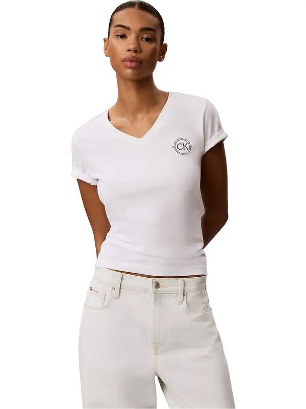 Calvin Klein Embroidered Crest V-neck T-shirt - Bright White