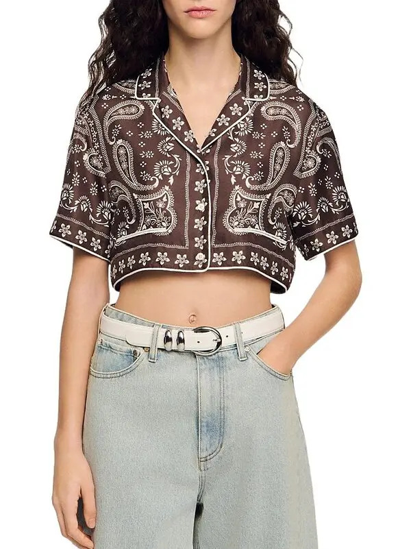 Sandro Cropped Bandana Print Shirt - Taupe / White