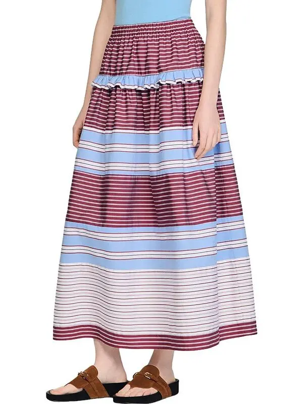 Sandro Long Striped Cotton Skirt With Ruffle Detail - Burgundy