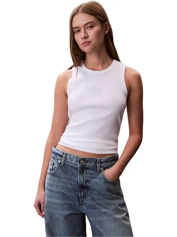 Calvin Klein Logo Graphic Rib Tank Top - Bright White