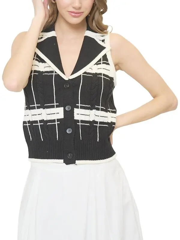 Central Park West Eden Specialty Stitch Sleeveless Vest - Black-white