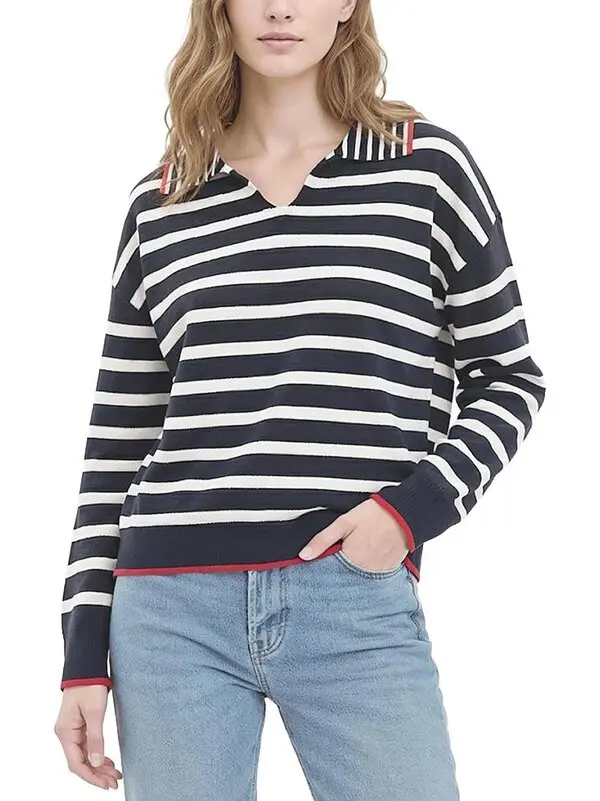 Central Park West Maisie Bright Striped Long Sleeve Polo Sweater - Navy-blue-white