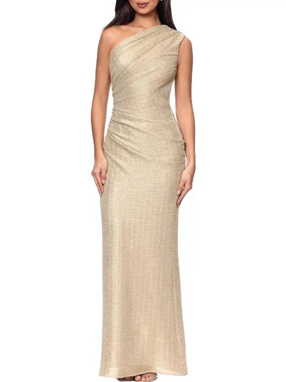 Betsy & Adam Metallic One-shoulder Gown - Silver/gold