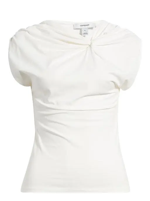 Topshop Ruched Stretch Cotton Top With Knot Detail - White