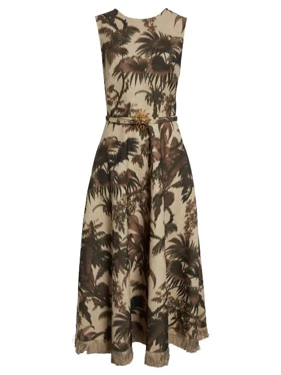 Oscar De La Renta Chiné Palm Leaves Print Sleeveless Dress - Espresso/ivory