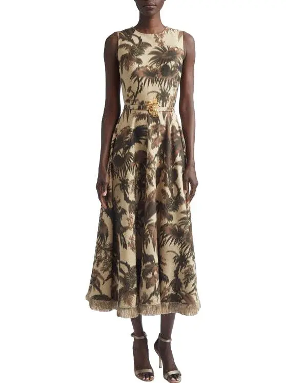 Oscar De La Renta Chiné Palm Leaves Print Sleeveless Dress - Espresso/ivory