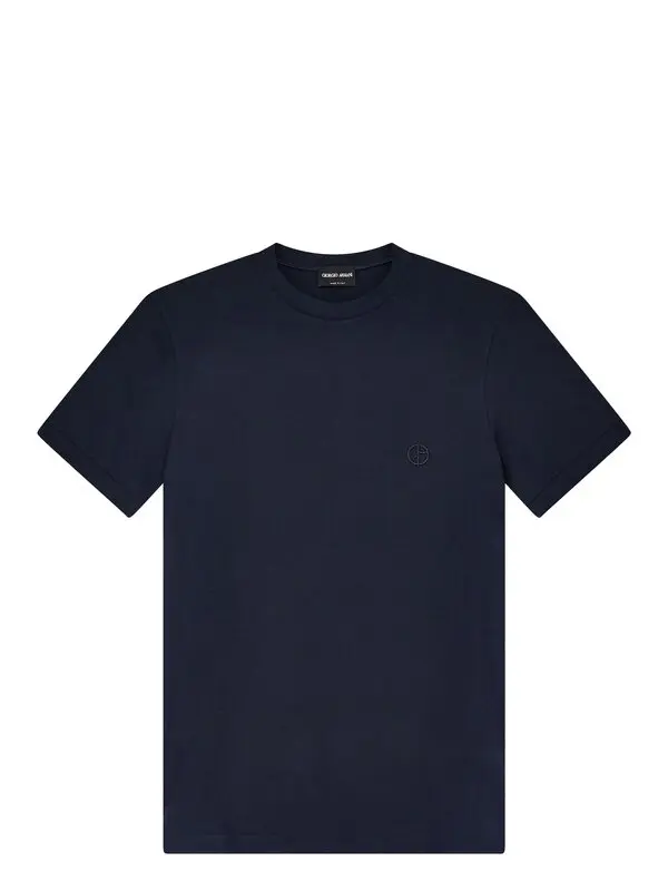 Giorgio Armani Crew-neck T-shirt In Stretch Viscose Jersey With Embroidery - Navy Blue