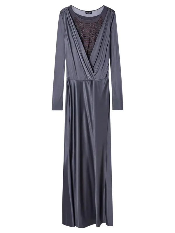 Giorgio Armani Shiny Viscose Jersey Embellished Long Dress - Grey