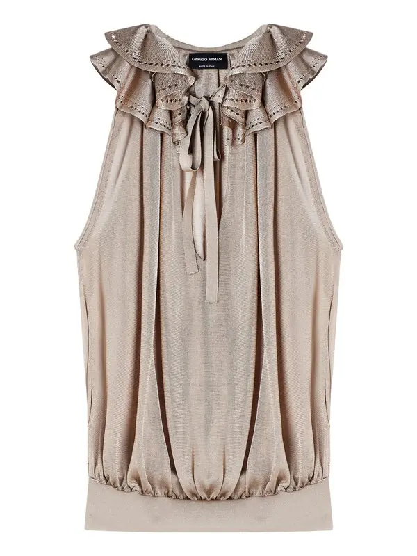 Giorgio Armani Viscose Top With Ruffle Neckline And Front Tie - Beige