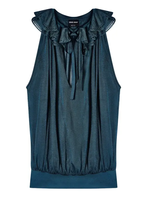 Giorgio Armani Viscose Top With Ruffle Neckline And Front Tie - Green