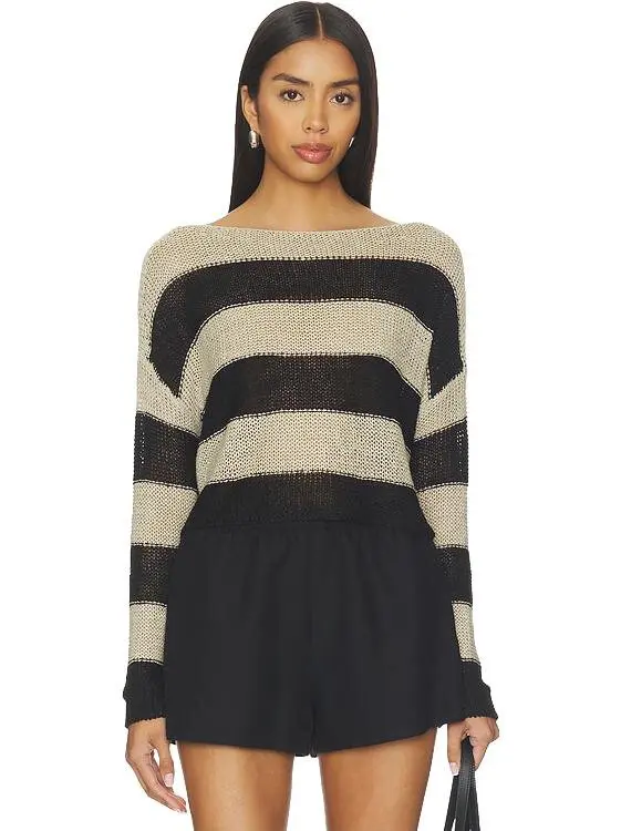 Enza Costa Striped Linen Bateau Neck Sweater - Oatmeal & Black