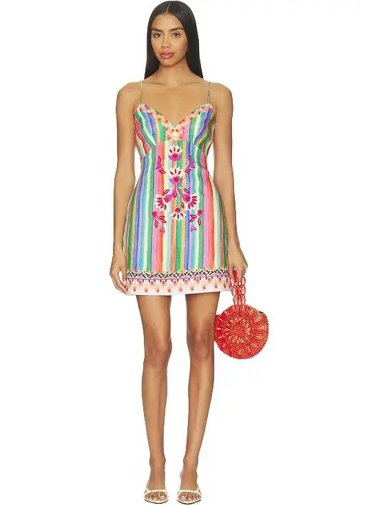 Saloni Embellished Striped Linen Mini Dress - Rainbow Border