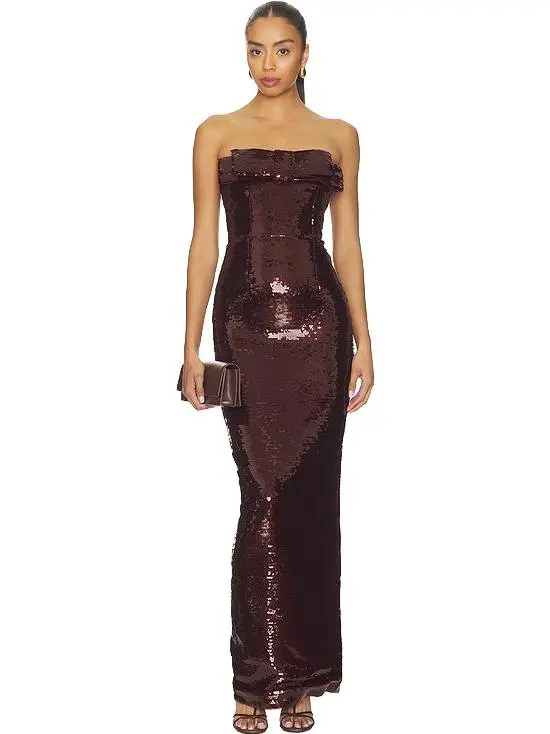 THE NEW ARRIVALS ILKYAZ OZEL Sisu Sequin Maxi Dress - Deep Merlot