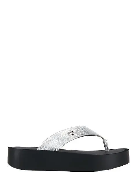 Tory Burch Metallic Leather Platform Flip Flops - Silver & Perfect Black