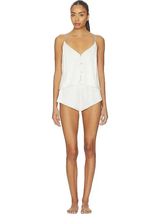 Lunya Washable Silk Button Front Knicker Set - Tranquil White & Frosted Lagoon