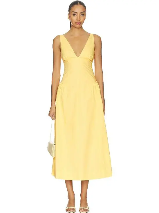Posse Lindie Dress Cotton Poplin V-neck Midi - Yellow