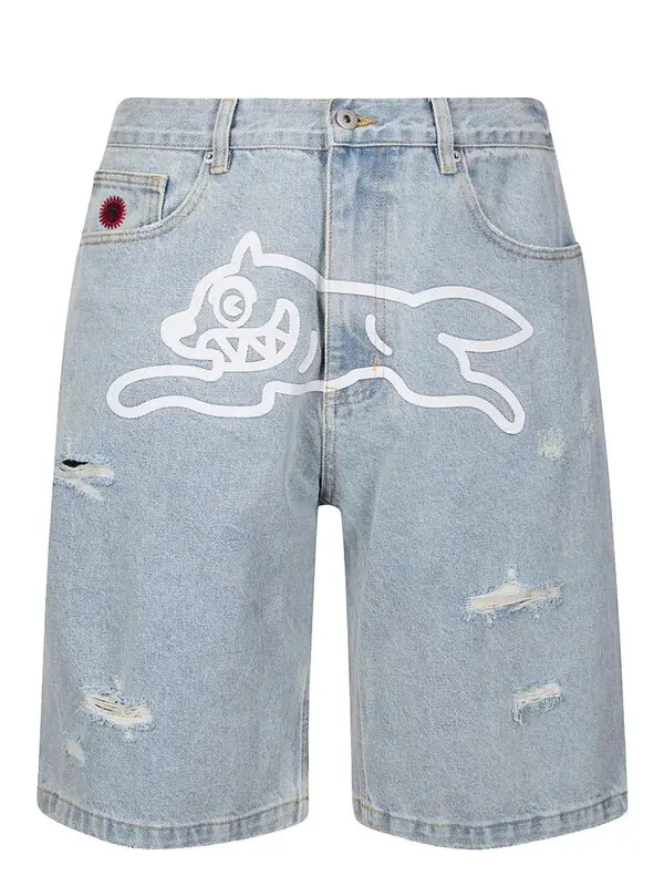 ICECREAM Running Dog Distressed Denim Shorts - Sky Blue