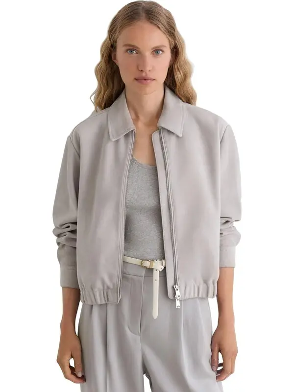 REISS Cropped Suede Bomber Jacket - Light Grey