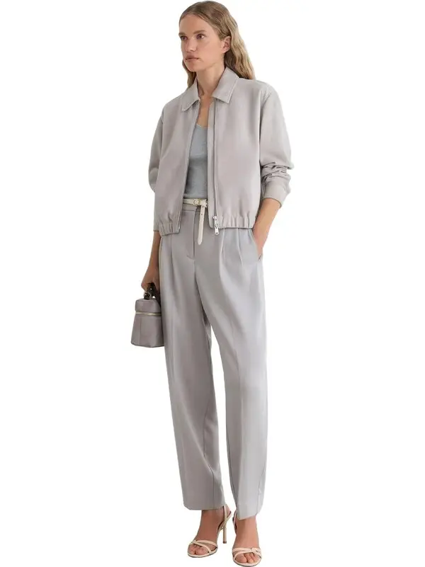 REISS Cropped Suede Bomber Jacket - Light Grey