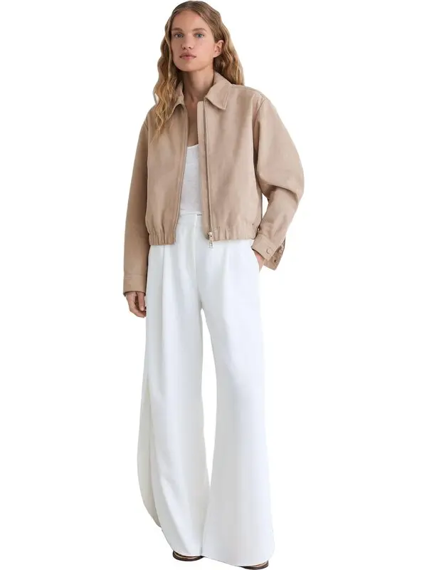 REISS Cropped Suede Bomber Jacket - Neutral