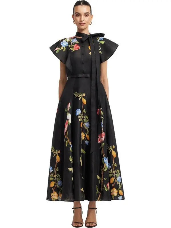 LEO LIN Elsie Flutter Sleeve Midi Dress - Lemon Vine Print In Ebony
