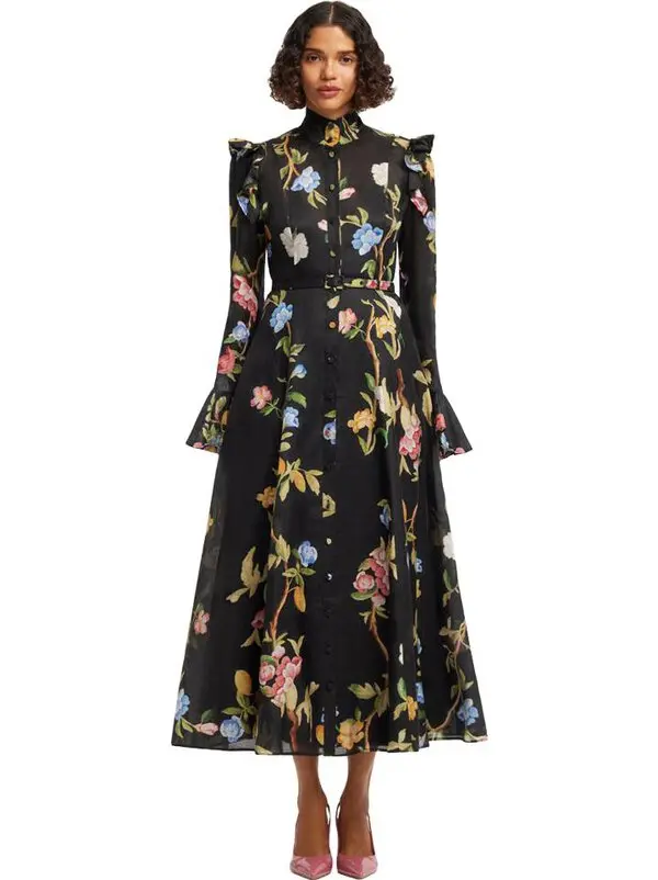 LEO LIN Katrina Butterfly Sleeve Midi Dress - Lemon Vine Print In Ebony