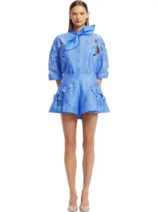 LEO LIN Brooklyn Appliqué Bow Puff Sleeve Top - Azure
