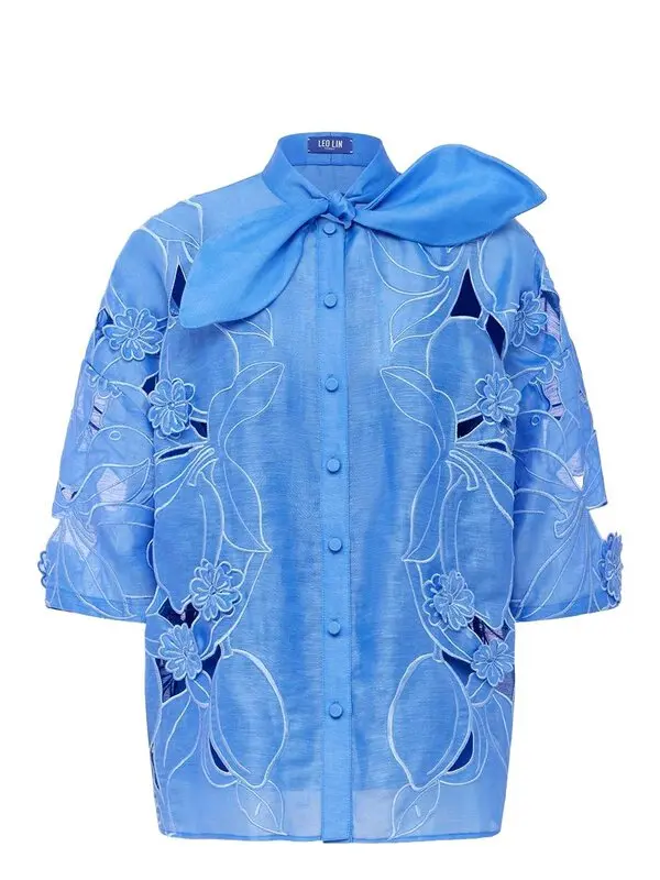 LEO LIN Brooklyn Appliqué Bow Puff Sleeve Top - Azure