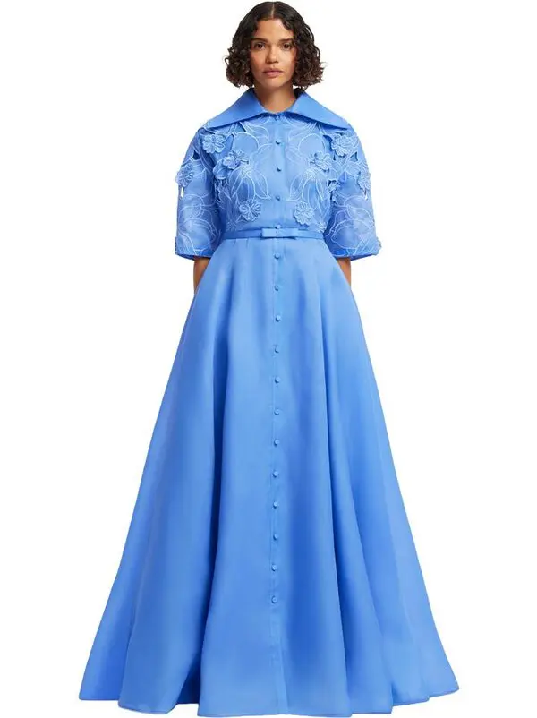 LEO LIN Junia" Appliqué Puff Sleeve Silk Gown - Azure