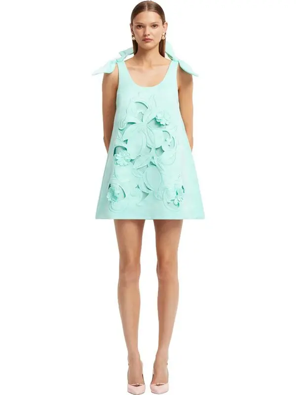 LEO LIN Harper Bow Appliqué Mini Dress - Pale Turquoise