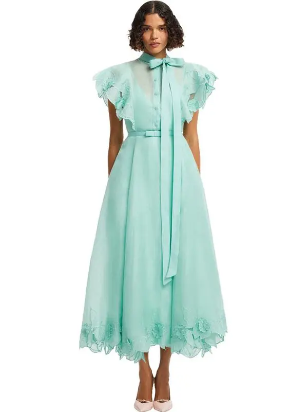 LEO LIN Elsie Appliqué Flutter Sleeve Maxi Dress - Pale Turquoise