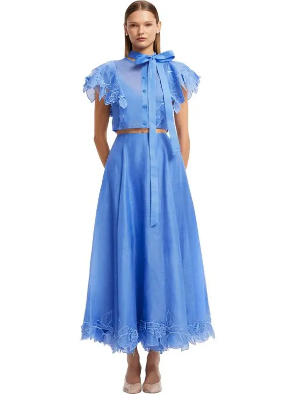 LEO LIN Leila Appliqué Midi Skirt - Azure
