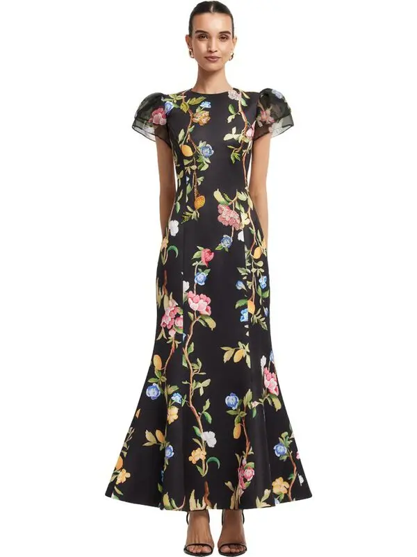 LEO LIN Sofia Embellished Puff Sleeve Maxi Dress - Lemon Vine Print In Ebony