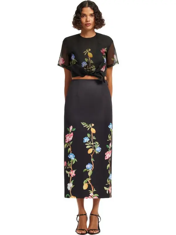 LEO LIN Quinn Midi Skirt In Lemon Vine Print - Lemon Vine Print In Ebony