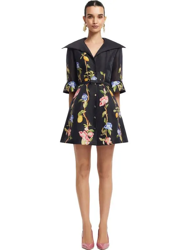 LEO LIN Genevieve Sleeve Mini Dress - Lemon Vine Print In Ebony