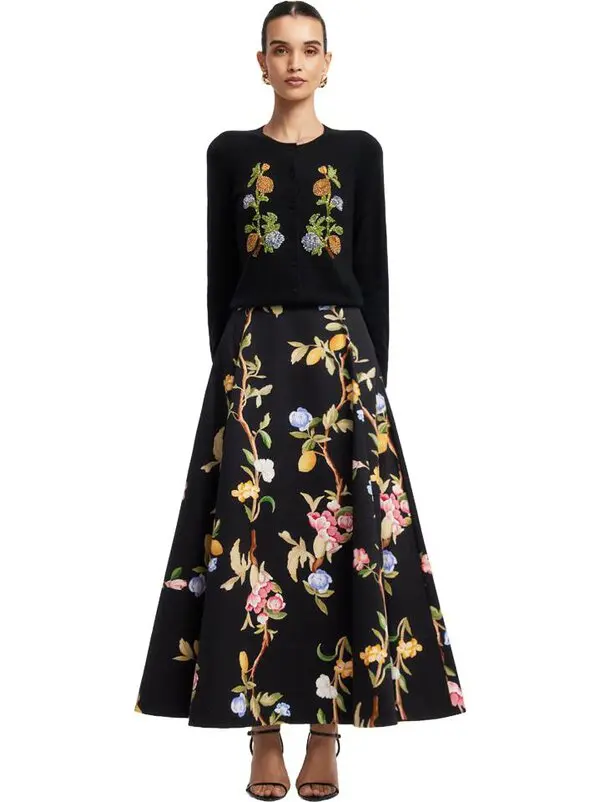 LEO LIN Elina Maxi Skirt - Lemon Vine Print In Ebony