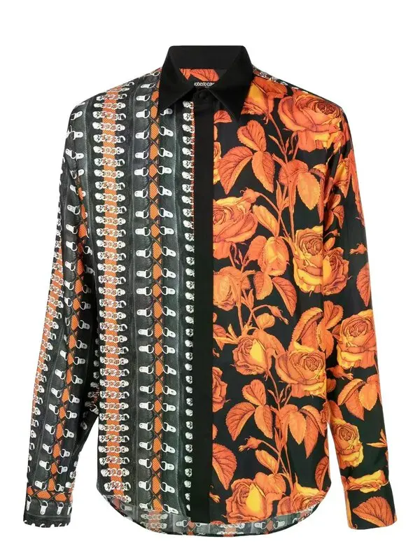 Roberto Cavalli Patchwork Rose-print Silk Shirt - Black