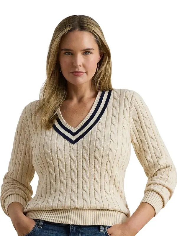 Ralph Lauren Cable-knit Cotton Cricket V-neck Sweater - Mascarpone Cream/navy
