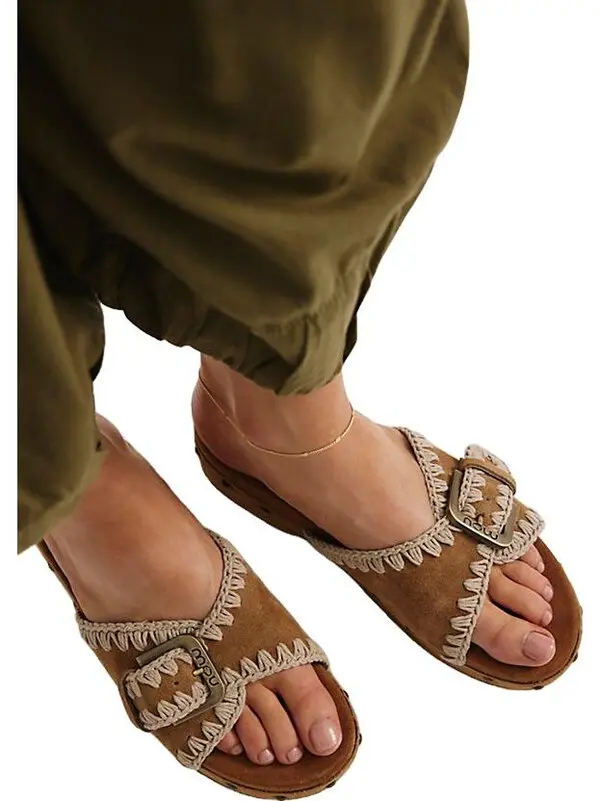 Mou Suede Crochet Stitch Clog Sandals With Buckle Detail - Cognac
