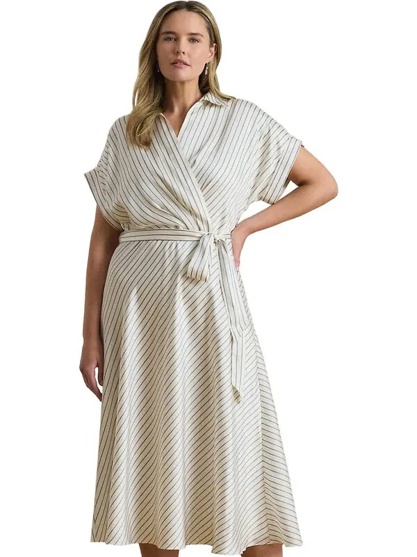 Ralph Lauren Striped Belted Twill Wrap Dress - Cream/blue