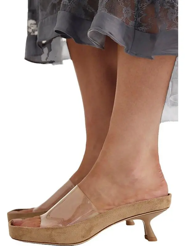 Jeffrey Campbell Vinyl And Suede Kitten Heel Mules - Beige Suede Combo