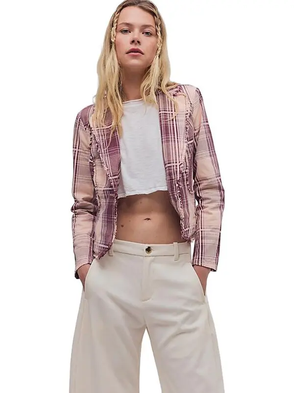 Free People Whip Smart Distressed Plaid Blazer - Berry Combo