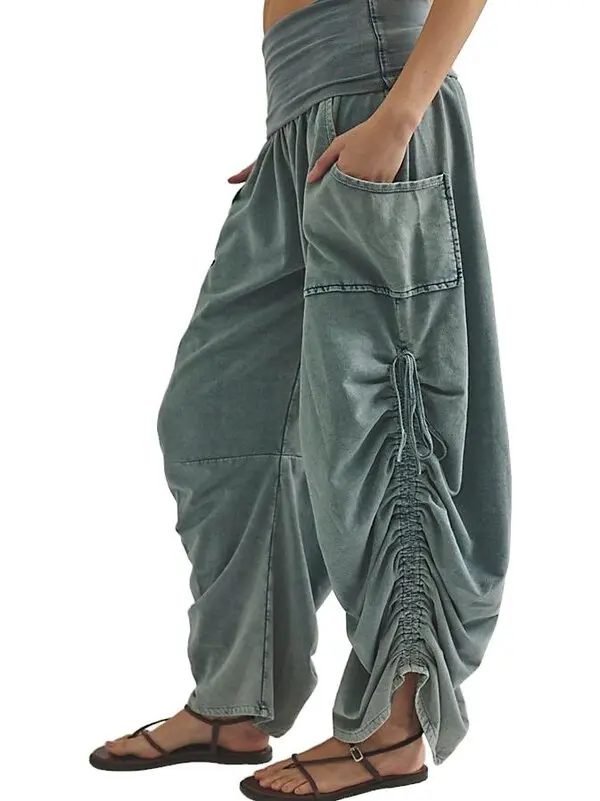 Free People Sawyer Low-rise Pull-on Knit Pants With Drawcord Hems - Steel Blue