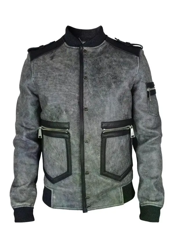 Philipp Plein Leather Jacket With Logo Button Detail - Grey