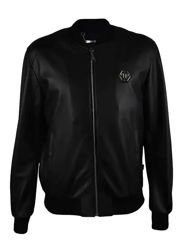 Philipp Plein Hexagonal Logo Leather Bomber Jacket - Black