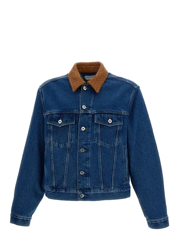 Bottega Veneta Mid-indigo Wash Denim Trucker Jacket With Intrecciato Leather Collar - Blu