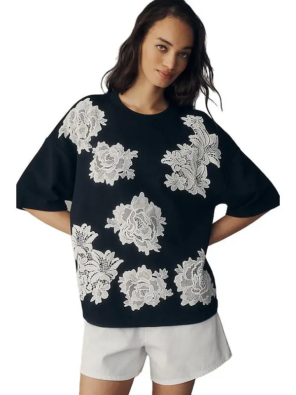 Essentiel Antwerp Jista Sweatshirt With Lace Appliqu - Black Floral