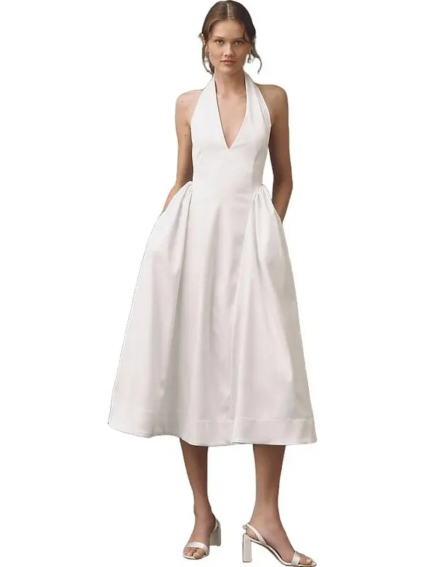 Bhldn Halter-neck Satin Fit-and-flare Maxi Dress - Cloud Dancer