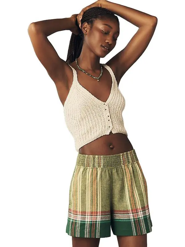 PILCRO Linen Smocked Waist Shorts - Green Stripe